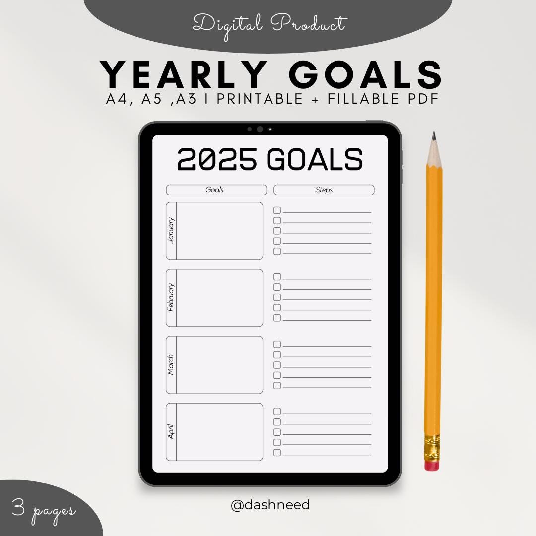 2025 Yearly Goals Planner - Monthly Goals-steps - A3/A4/A5 Sizes ...