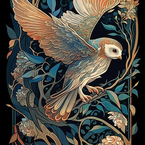 Owl in Flight Art Nouveau British Wildlife Mucha FINE ART PRINT Wall ...