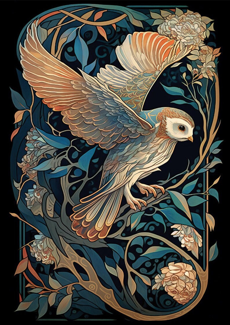 Owl in Flight Art Nouveau British Wildlife Mucha FINE ART - Etsy