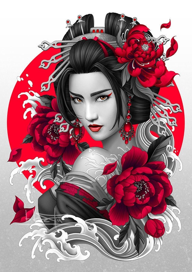 Japanese Geisha Canvas Art Red And White Wall Art With Asia Girl