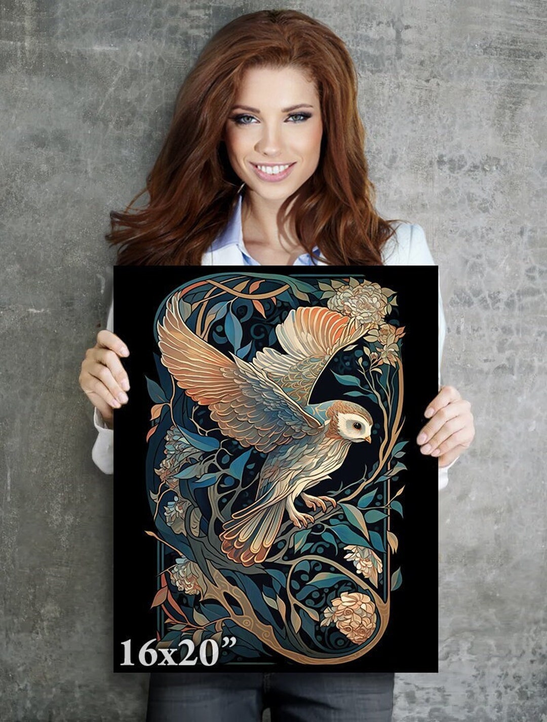 Owl in Flight Art Nouveau British Wildlife Mucha FINE ART PRINT Wall ...