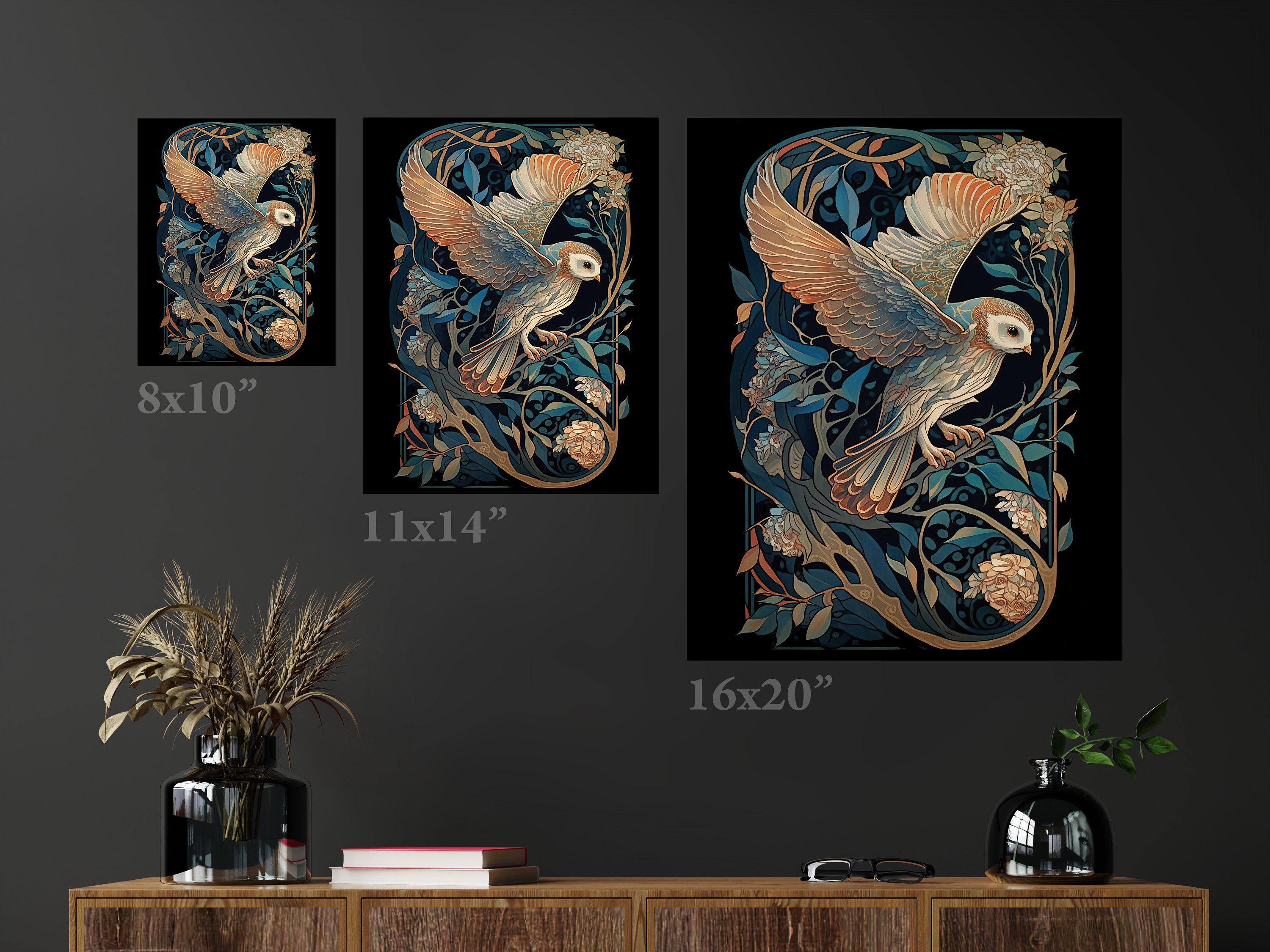 Owl in Flight Art Nouveau British Wildlife Mucha FINE ART PRINT Wall ...