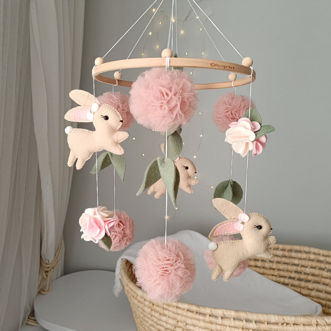Bunny Mobile for Girl, Mobile With Tulle Pompoms, Girl Crib Mobile ...