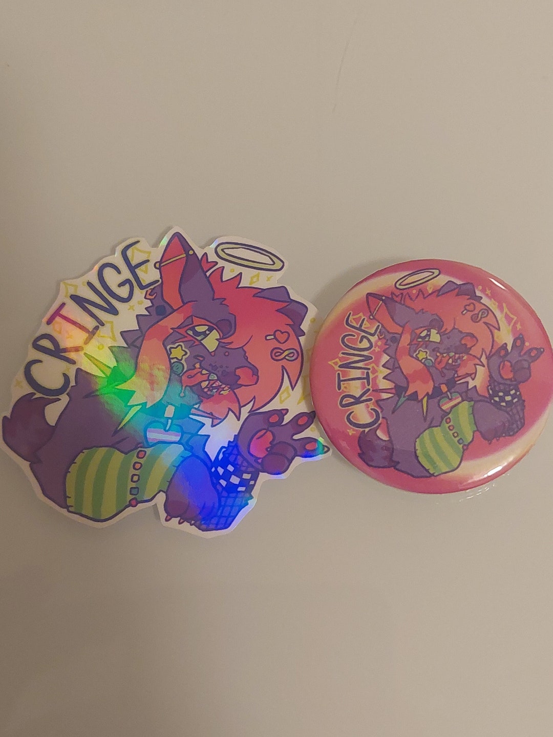 Sparkledog "cringe" Button Pin + Holographic Sticker - Etsy