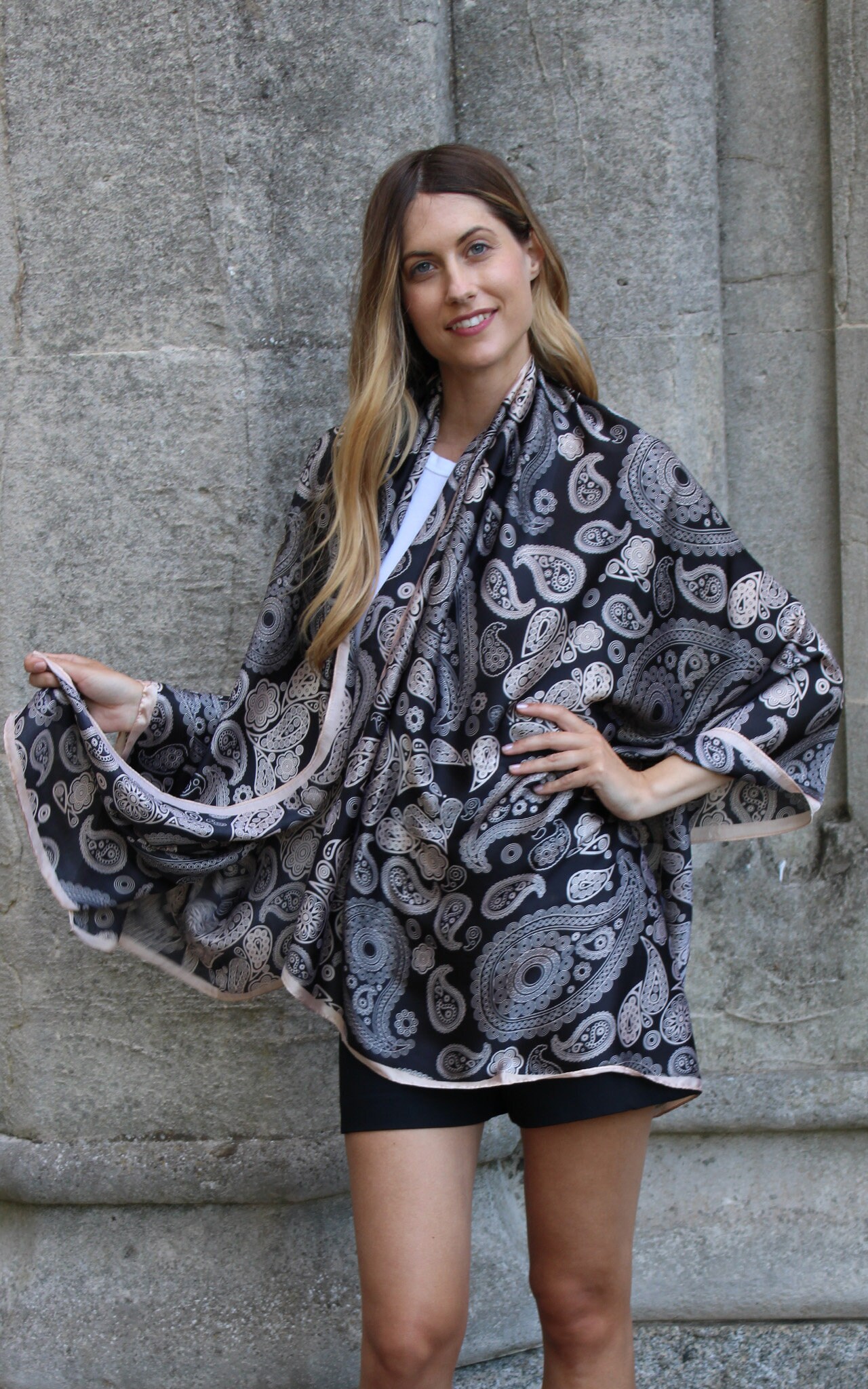 Silk Scarf in Black and Cream With Paisley Design - Etsy