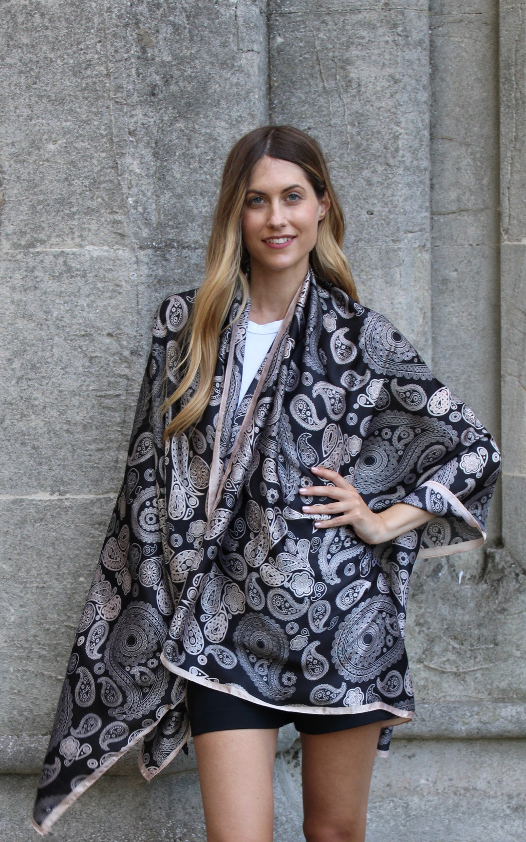 Silk Scarf in Black and Cream With Paisley Design - Etsy