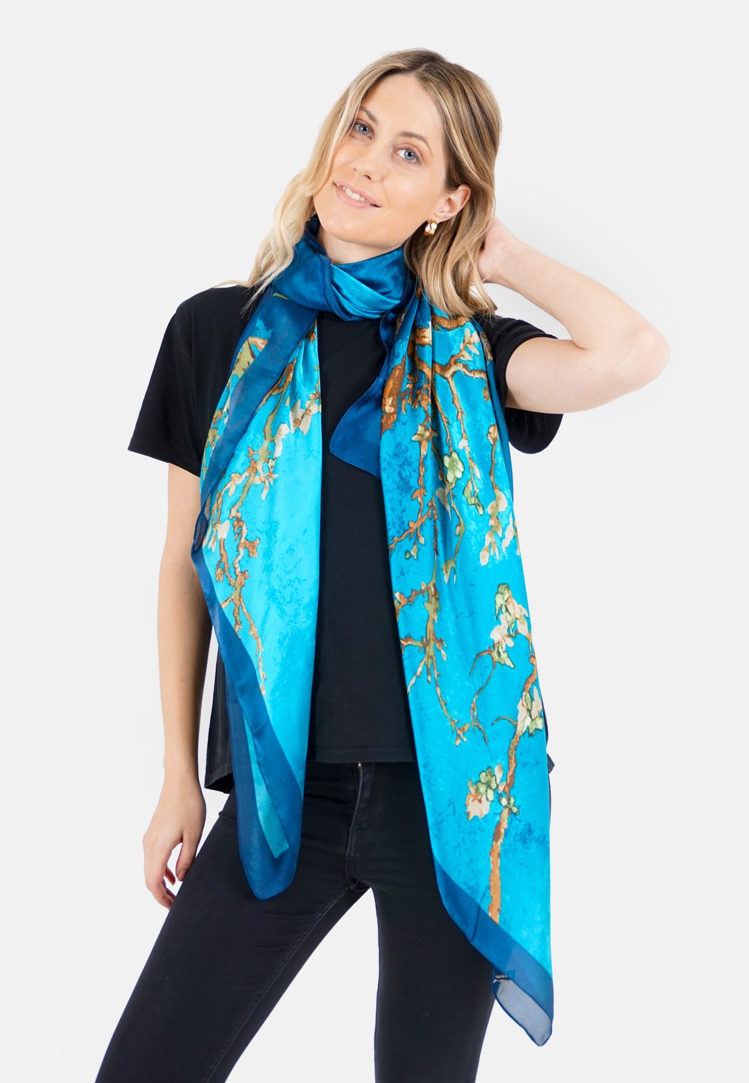 Silk Scarf in Turquoise Floral Print - Van Gogh Almond Blossom - Etsy