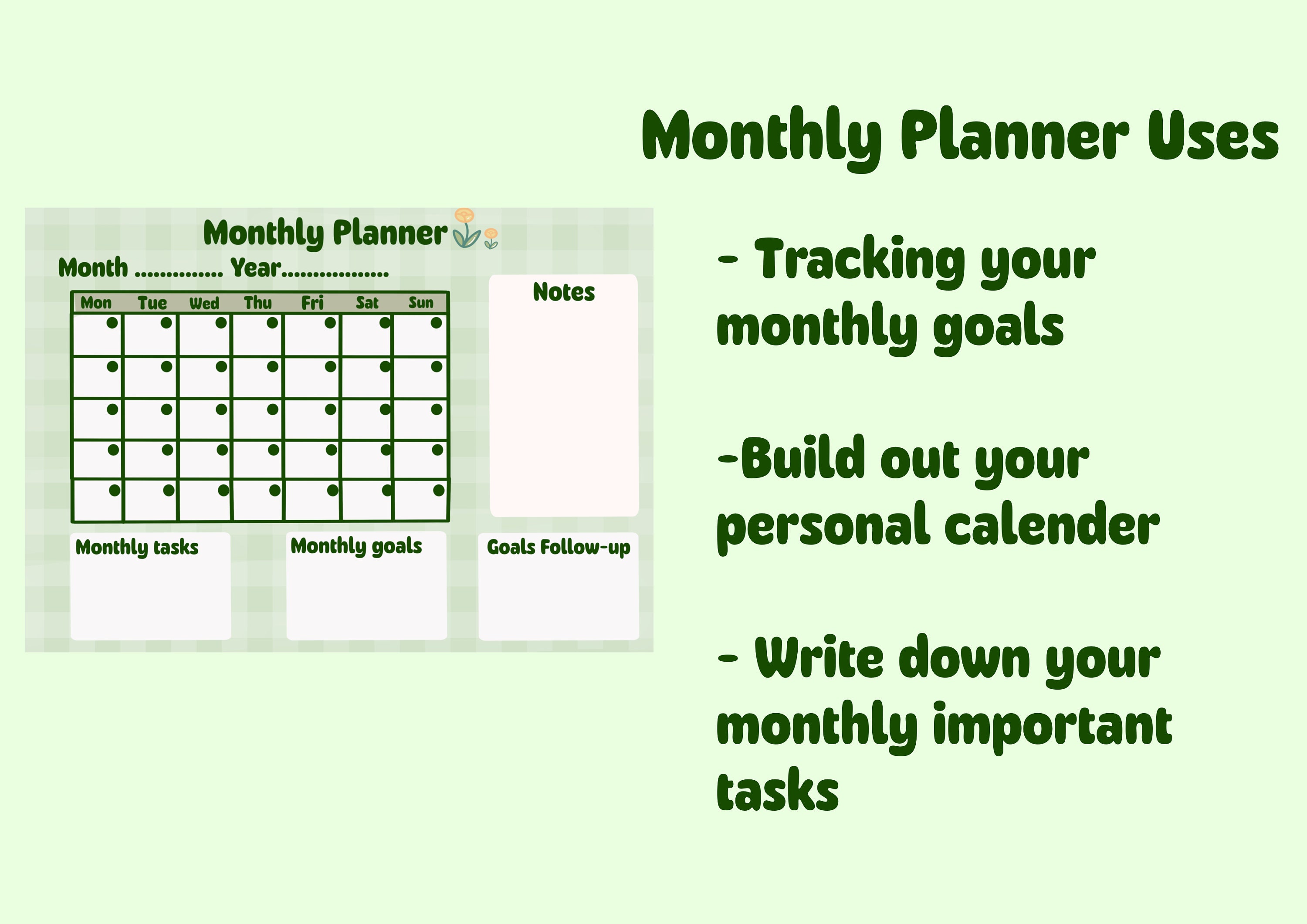 Mint Green Printable Monthly Calendar Weekly Planner Daily Planner ...