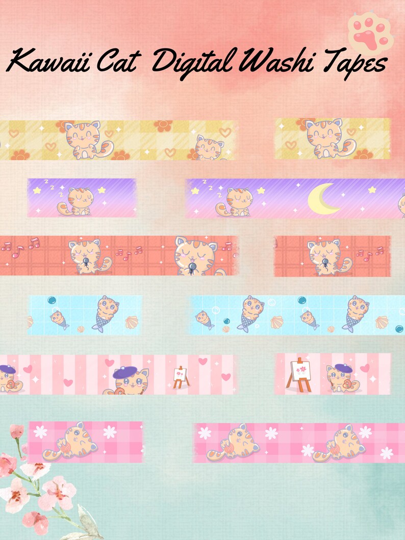 Kawaii Washi Tape for Digital Planner | Kitten-themed Washi Tape Set ...