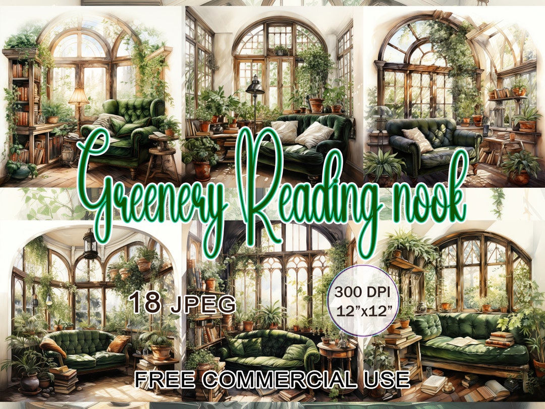 Greenery Reading Nook Bundle, Watercolor Book Lover Clipart, Bookworm ...