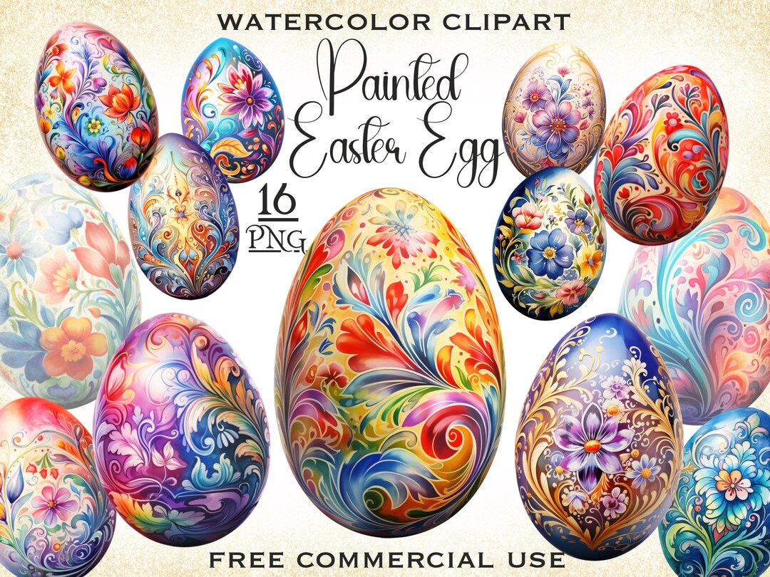 Painted Easter Egg PNG Bundle, Watercolor Easter Clipart, Floral ...