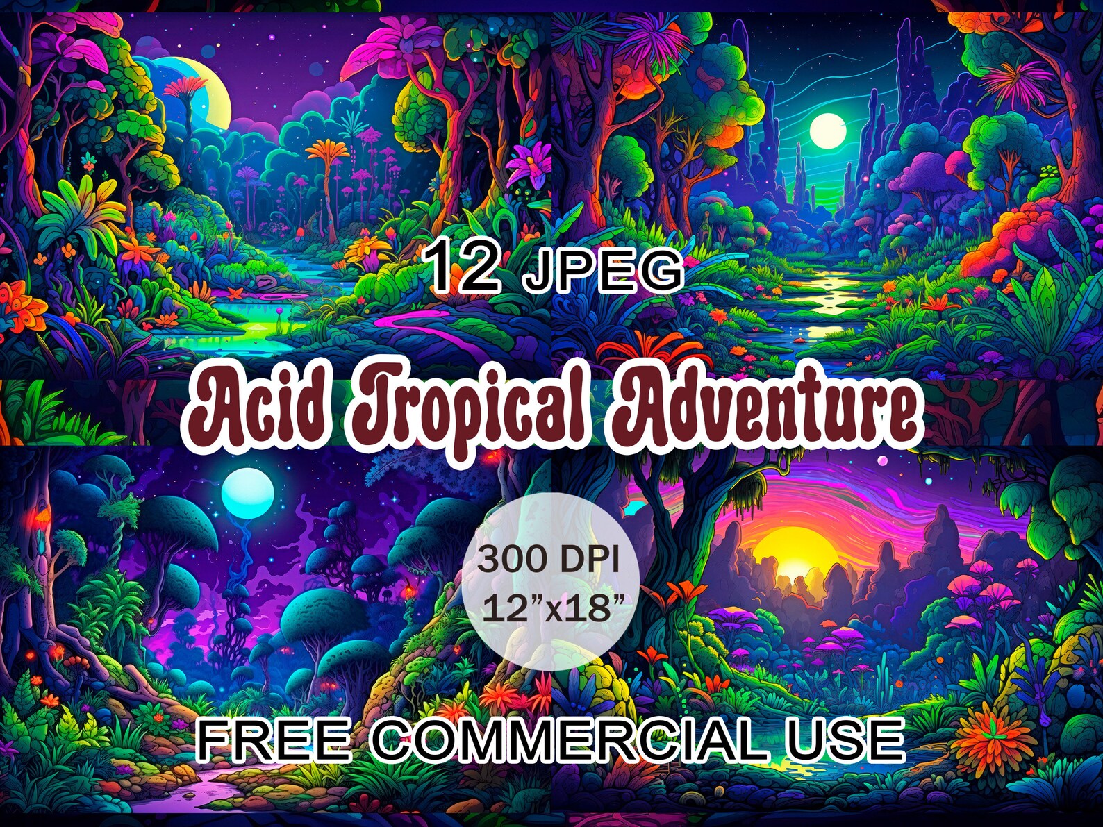 Tropical Adventure Clipart, Digital Trippy Art, Neon Psychedelic ...