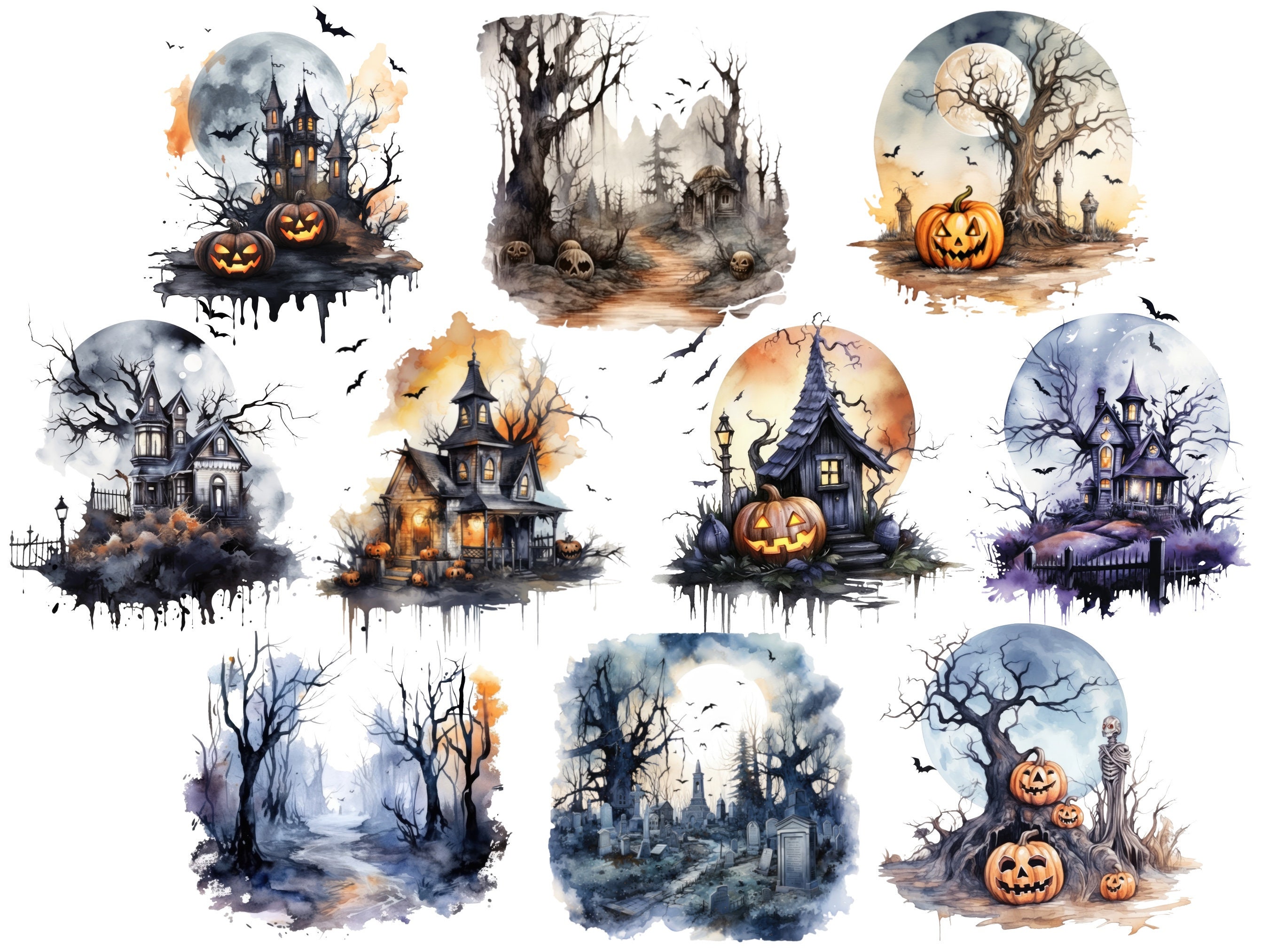 Watercolor Halloween Clipart, Spooky Png Bundle, Horror Overlay ...