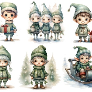 Green Christmas Elf PNG Bundle, Watercolor Christmas Clipart, Christmas ...