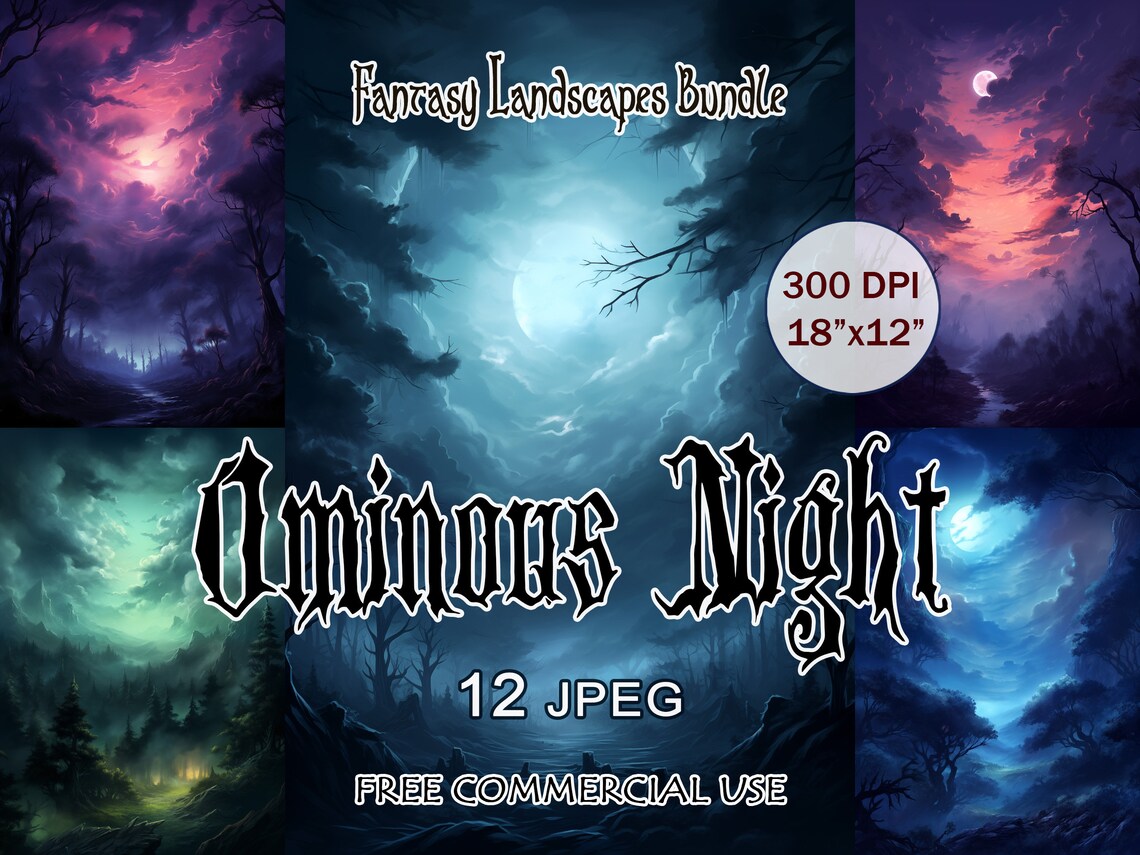 Ominous Night Landscape Bundle, Dark Fantasy Landscape Clipart, Scary ...