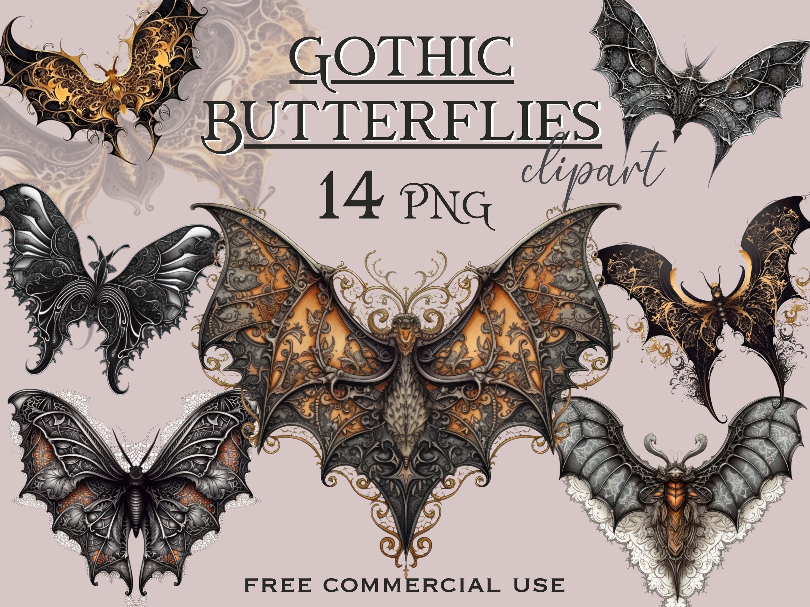 Gothic Butterfly Clipart, Black and Gold Victorian Brooch, Dark ...