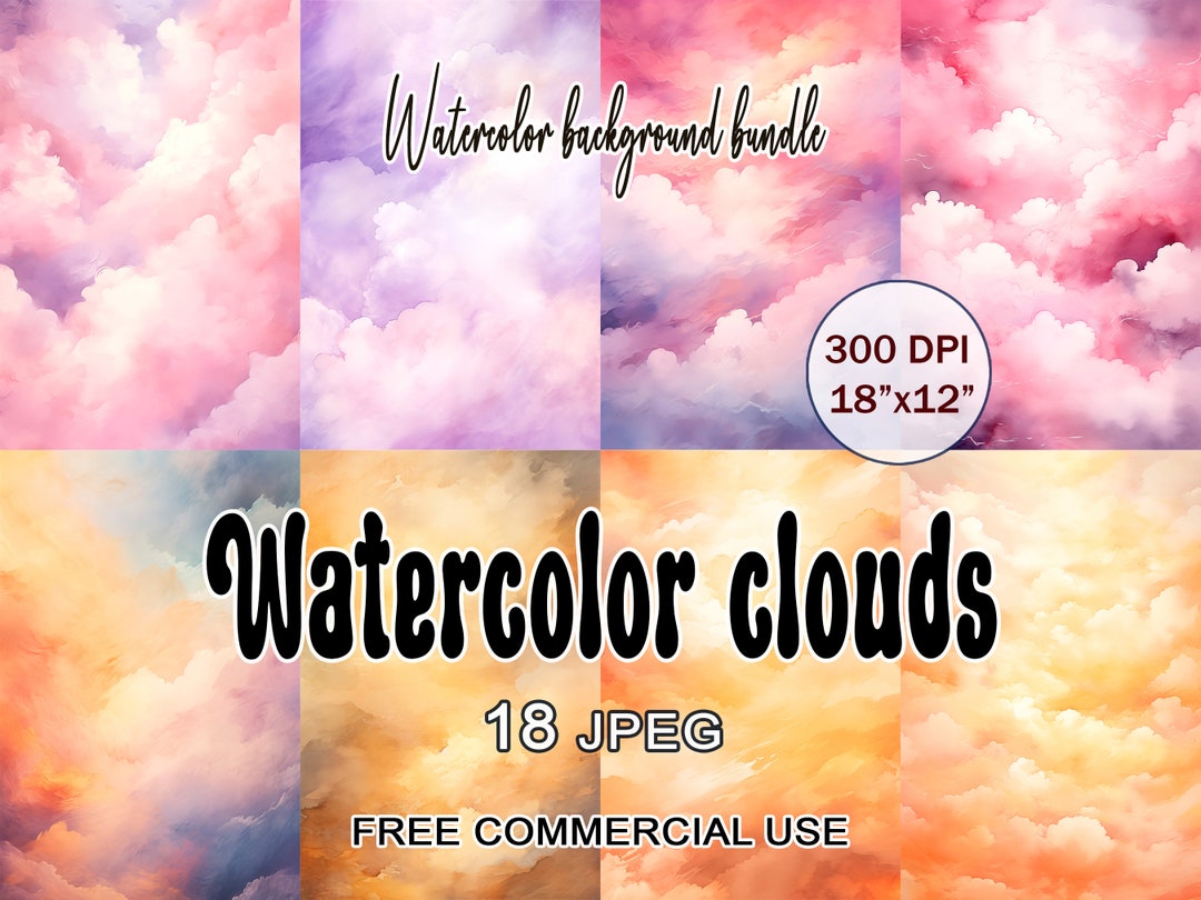 Watercolor Clouds Background Bundle, Abstract Watercolor Painting ...