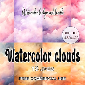 Watercolor Clouds Background Bundle, Abstract Watercolor Painting ...