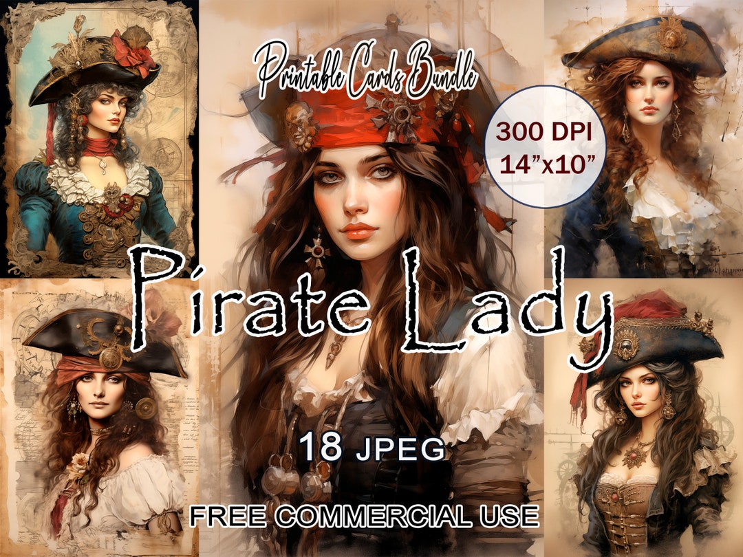 Pirate Lady Cards Bundle, Printable Vintage Ephemera, Digital Pirate ...