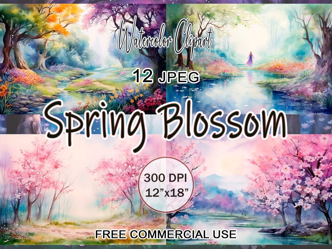 Spring Blossom Clipart, Watercolor Landscape Painting, Watercolor ...