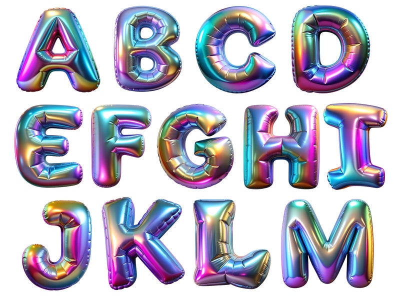 Holographic Foil Balloon Letters PNG Bundle, Birthday Invitation ...