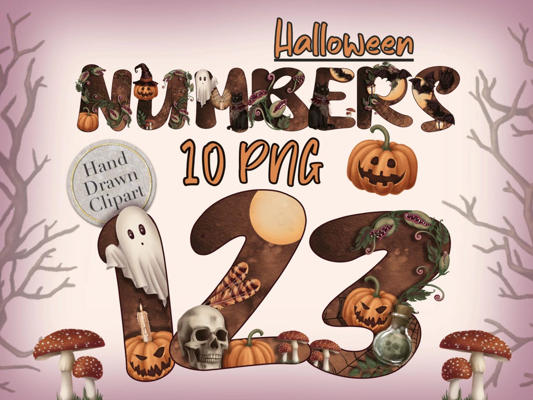 Cute Halloween Numbers Clipart, Dark Aesthetic Hand Drawn Halloween ...