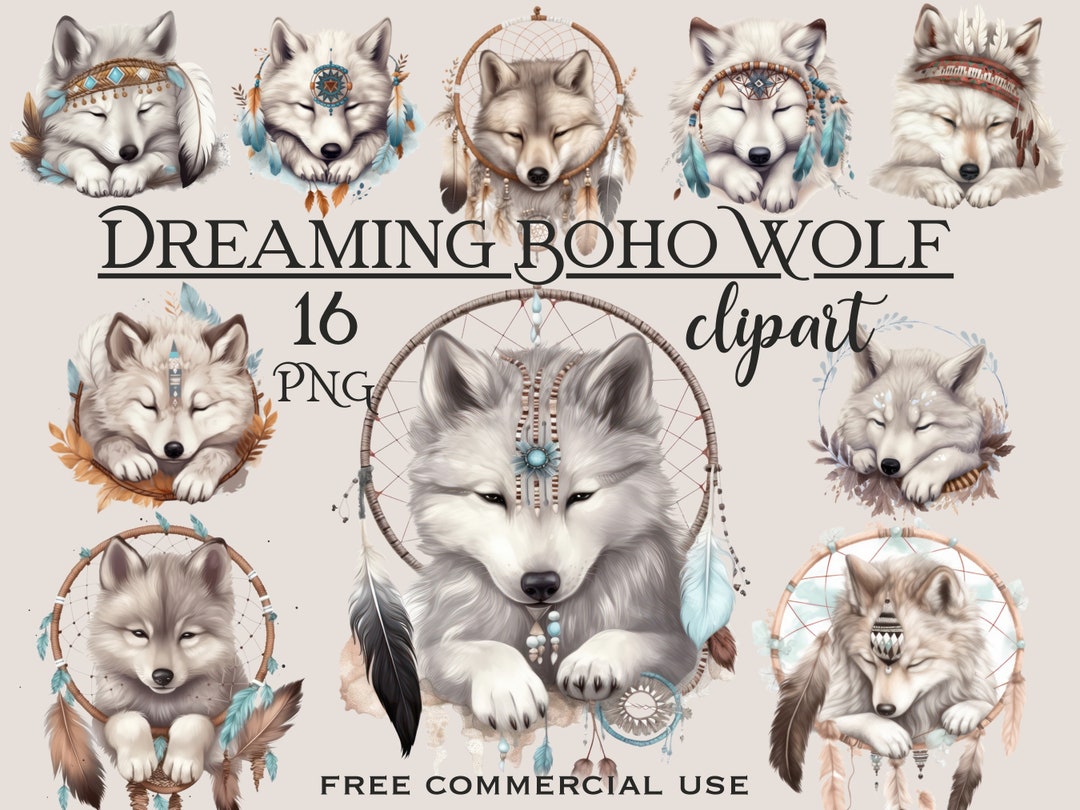 Dreaming Wolf Clipart, Cute Boho Sleeping Wolves With Feathers and ...