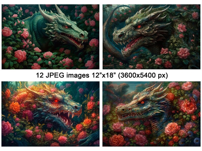 Dragon and Roses Clipart, Fantasy Floral Landscape Images, Fairy ...