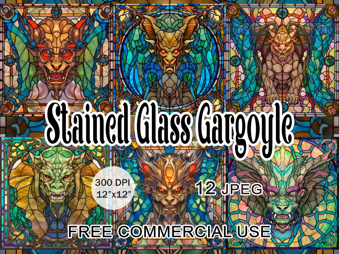 Gargoyles Stained Glass Clipart, Digital Demon Art Bundle, Mythical ...