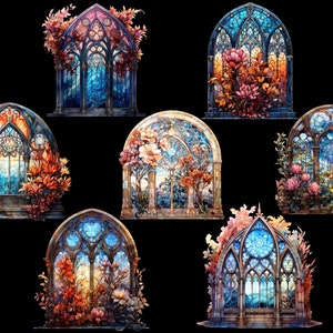 Floral Gothic Window Png Bundle, Stained Glass Window Clipart, Gothic ...
