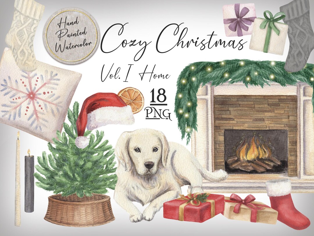 Cozy Christmas Watercolor Clipart Set 1 With Scandinavian Holiday Decor ...