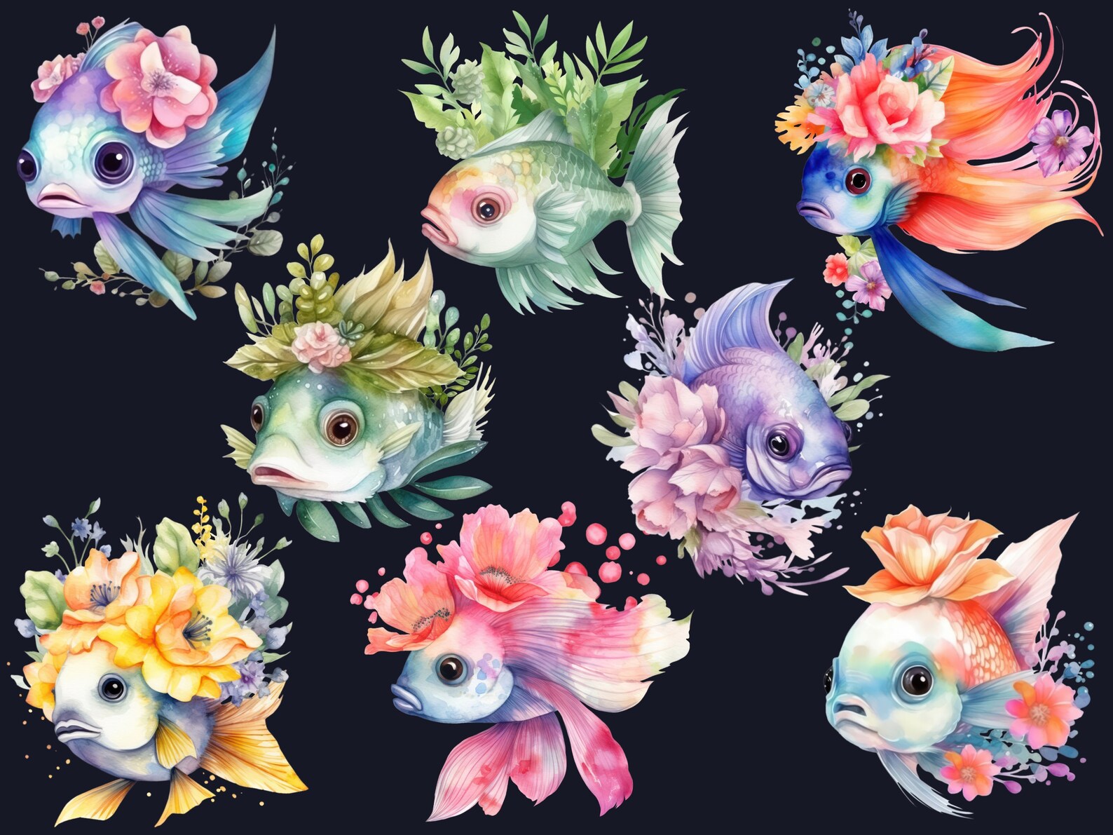 Watercolor Flower Fish Clipart, Cute Fish Clipart, Fish Png, Cute ...