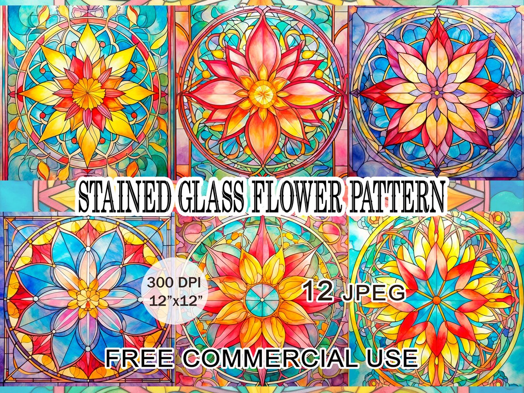 Stained Glass Flower Pattern Clipart, Colorful Styled Floral Artwork ...