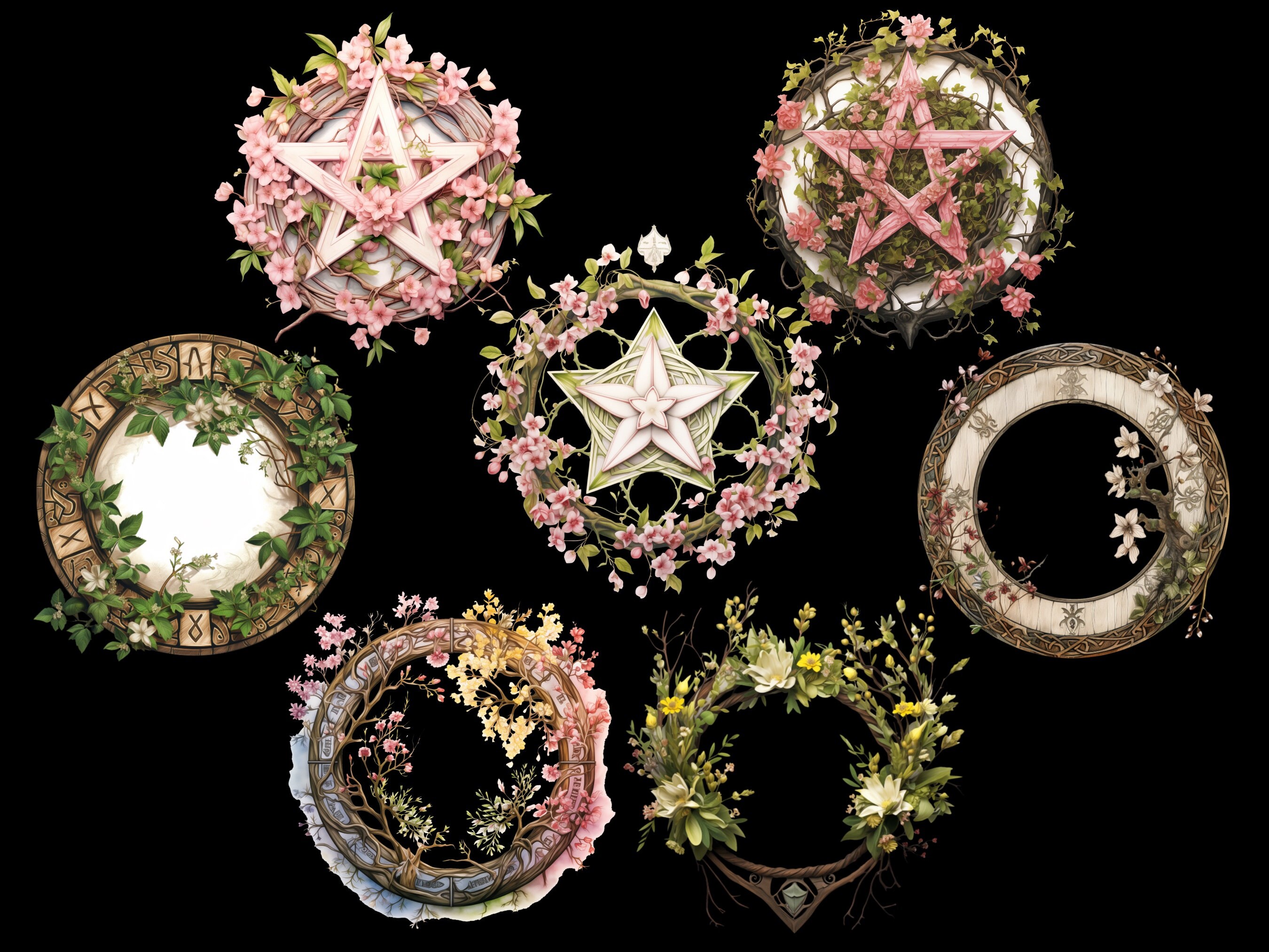 Pagan Wreath & Pentagram PNG Bundle, Watercolor Darc Occult Art ...