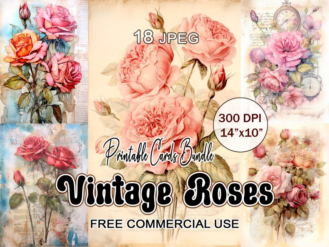 Vintage Paper Shabby Roses Card Bundle, Watercolor Shabby Chic Roses ...