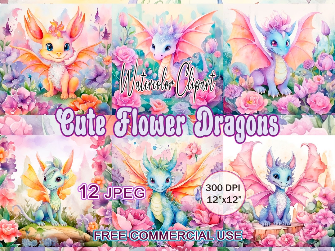 Cute Flower Dragon Clipart, Watercolor Flowers Clipart, Fairy Dragon ...