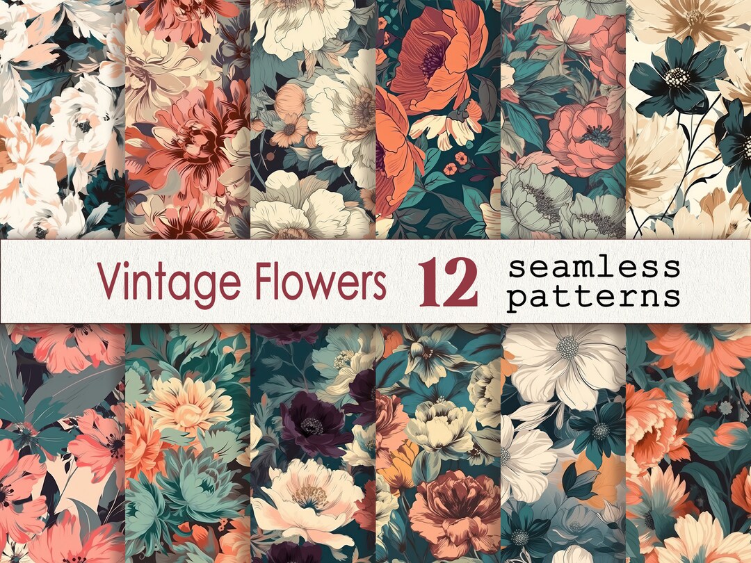 Vintage Flowers Pattern Clipart, Seamless Texture, Digital Paper Jpeg ...
