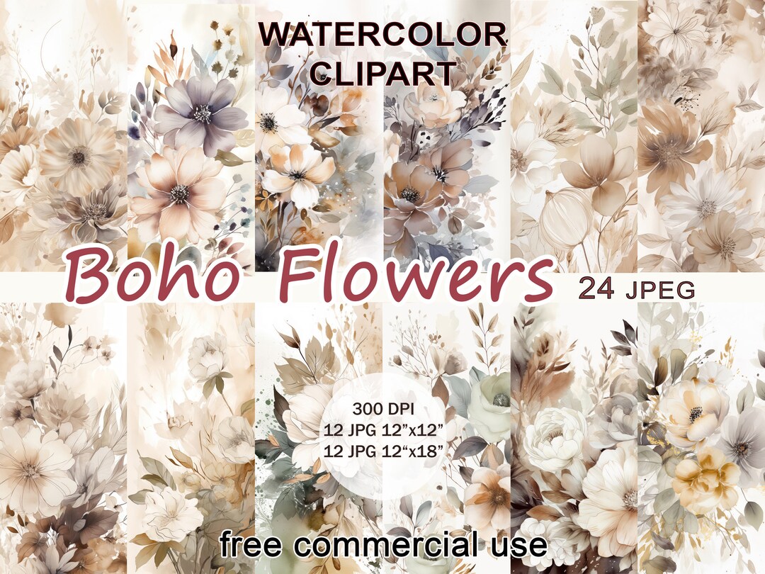 Boho Background Jpg, Floral Boho Clipart, Boho Flower Clipart, Boho ...
