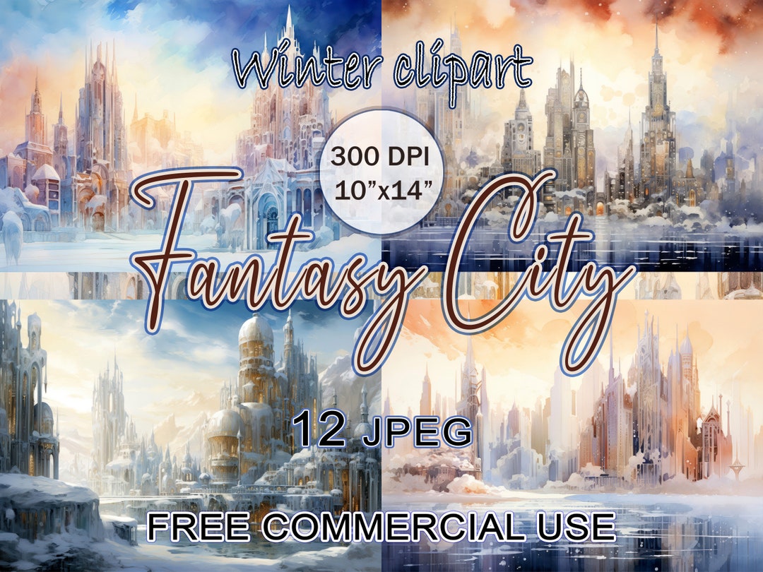 Fantasy Winter City Clipart, Futuristic Cityscape Cards Bundle, Winter ...
