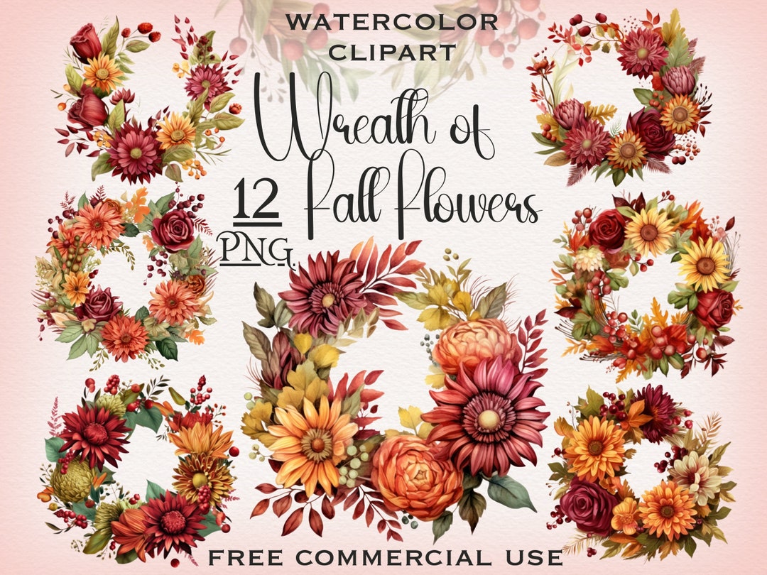 Fall Flower Wreath Clipart, Watercolor Autumn Floral Wreath Png Bundle ...