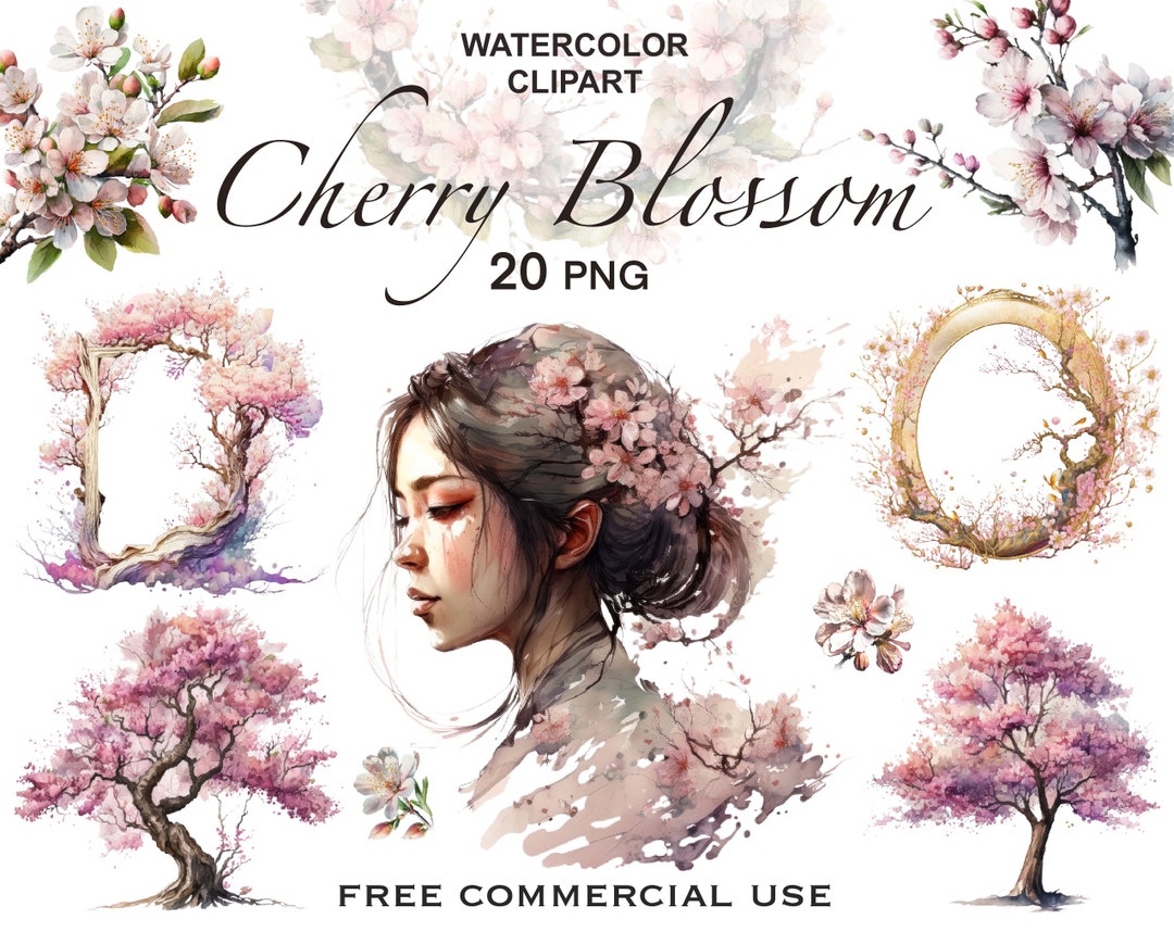 Cherry Blossom PNG Bundle, Watercolor Cherry Blossom Clipart, Sakura ...
