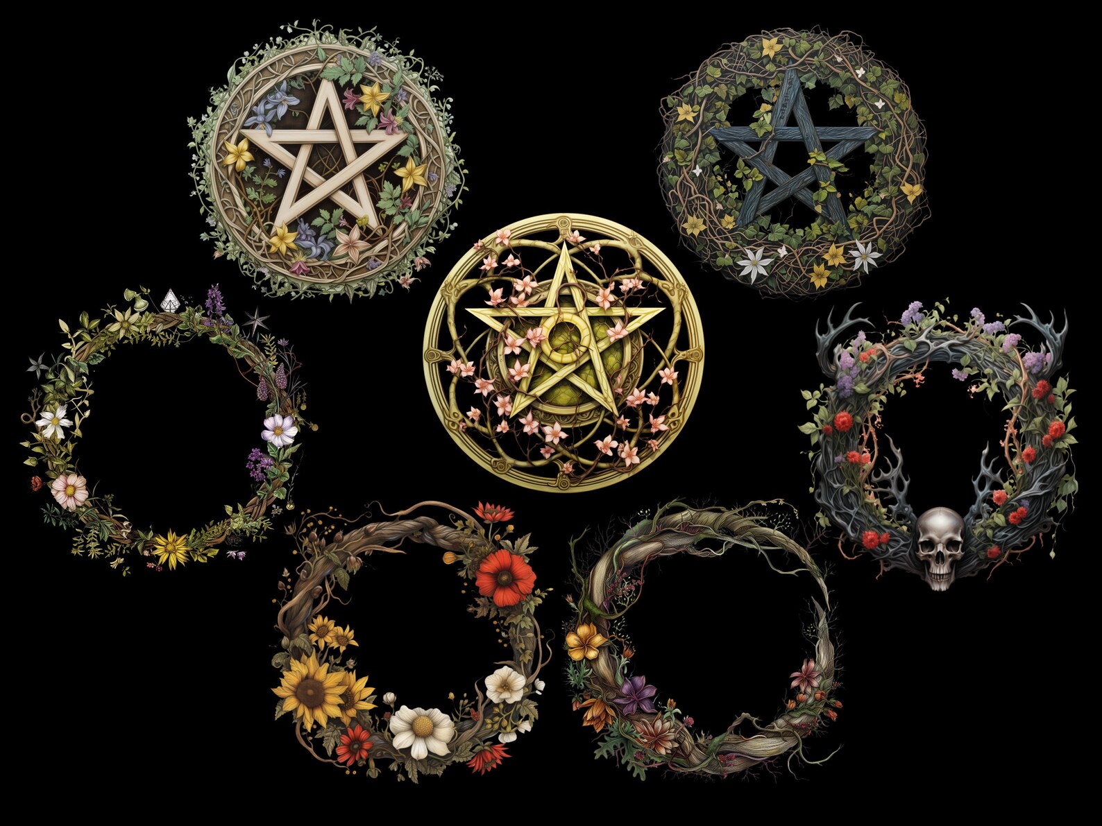 Pagan Wreath & Pentagram PNG Bundle, Watercolor Darc Occult Art ...
