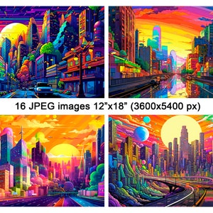 Futuristic Funky City Clipart, Rainbow Cityscape Printable Art ...
