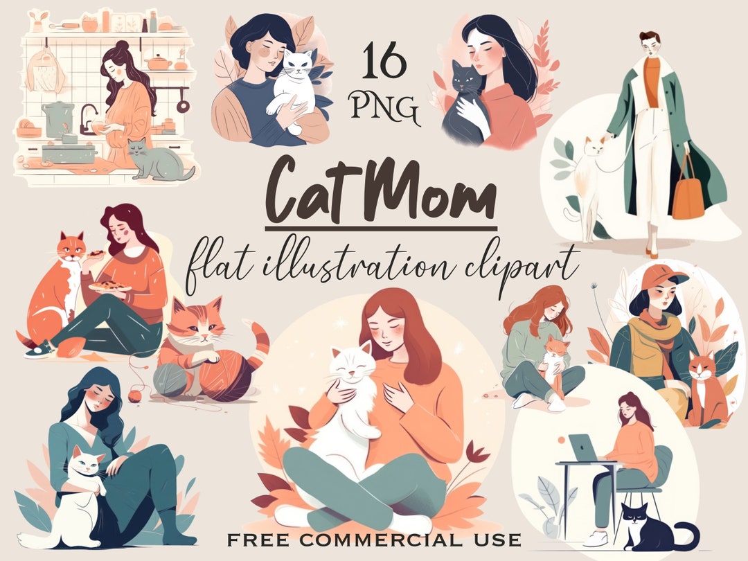 Cat Mom Clipart, Cozy Flat Illustration Art Bundle, Cat Lover Png ...
