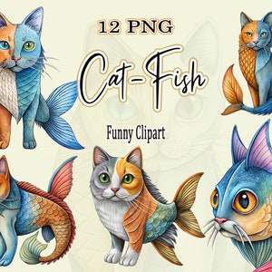 Cat Fish PNG Bundle, Weird Funny Kitten Clipart, Absurd Fantasy Animals ...