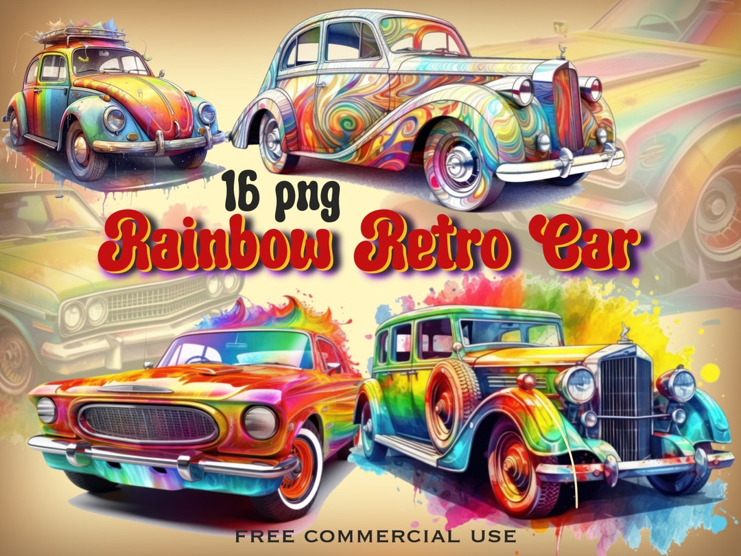 Rainbow Retro Car Clipart, Classic Cars Colorful Png Bundle, Car Lover ...