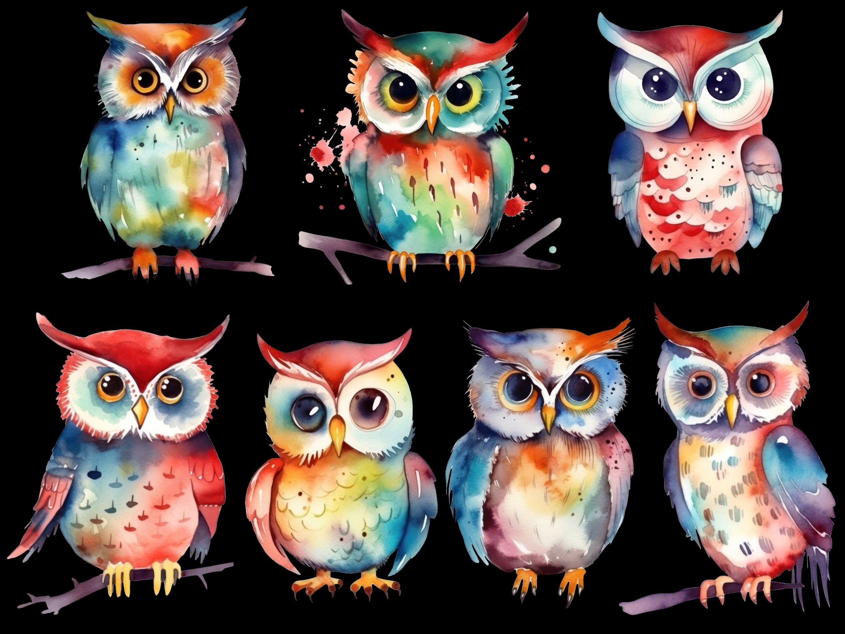 Watercolor Rainbow Owl Clipart Primitive Owls Png Bundle - Etsy