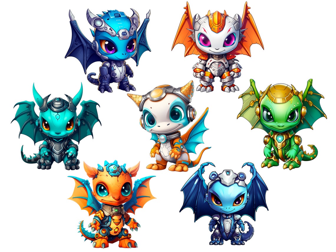 Dragon Robot PNG Bundle, Baby Dragon Clipart, Digital Dragon Art, Cute ...