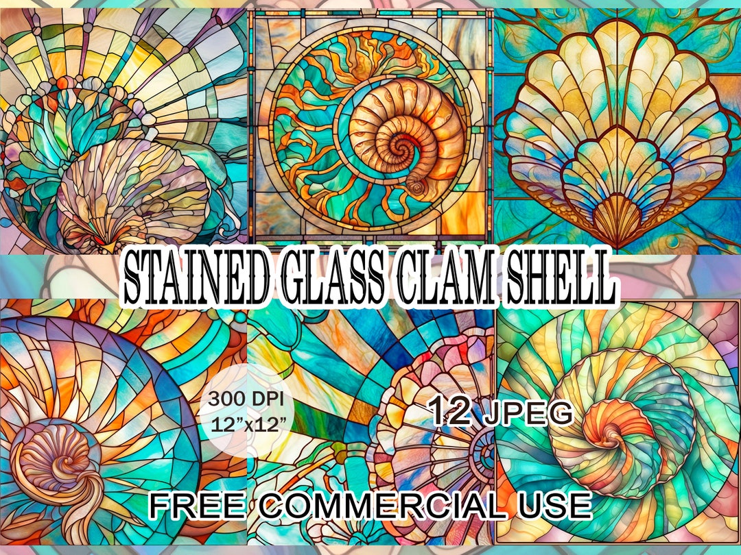 Stained Glass Clam Shell Clipart, Nautical Stain Glass Pattern, Art ...
