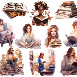 Bookworm Clipart, Watercolor Book Lover Png, Cute Reading Girls Images ...